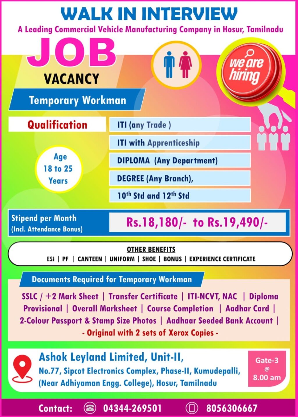 Ashok Leyland Walk-In Interview – Job Vacancy for Temporary Workmen in ...